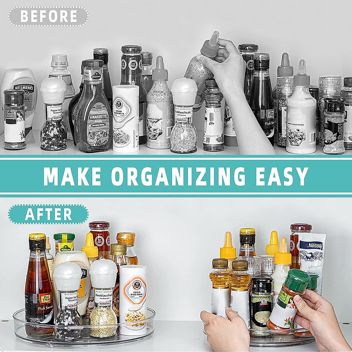 JelKen Lazy Susan Turntable Cupboard Organizer, 2 Pack Rotating Spice Racks for Kitchen, Cabinet, Pantry, Refrigerator (9"x1.38")