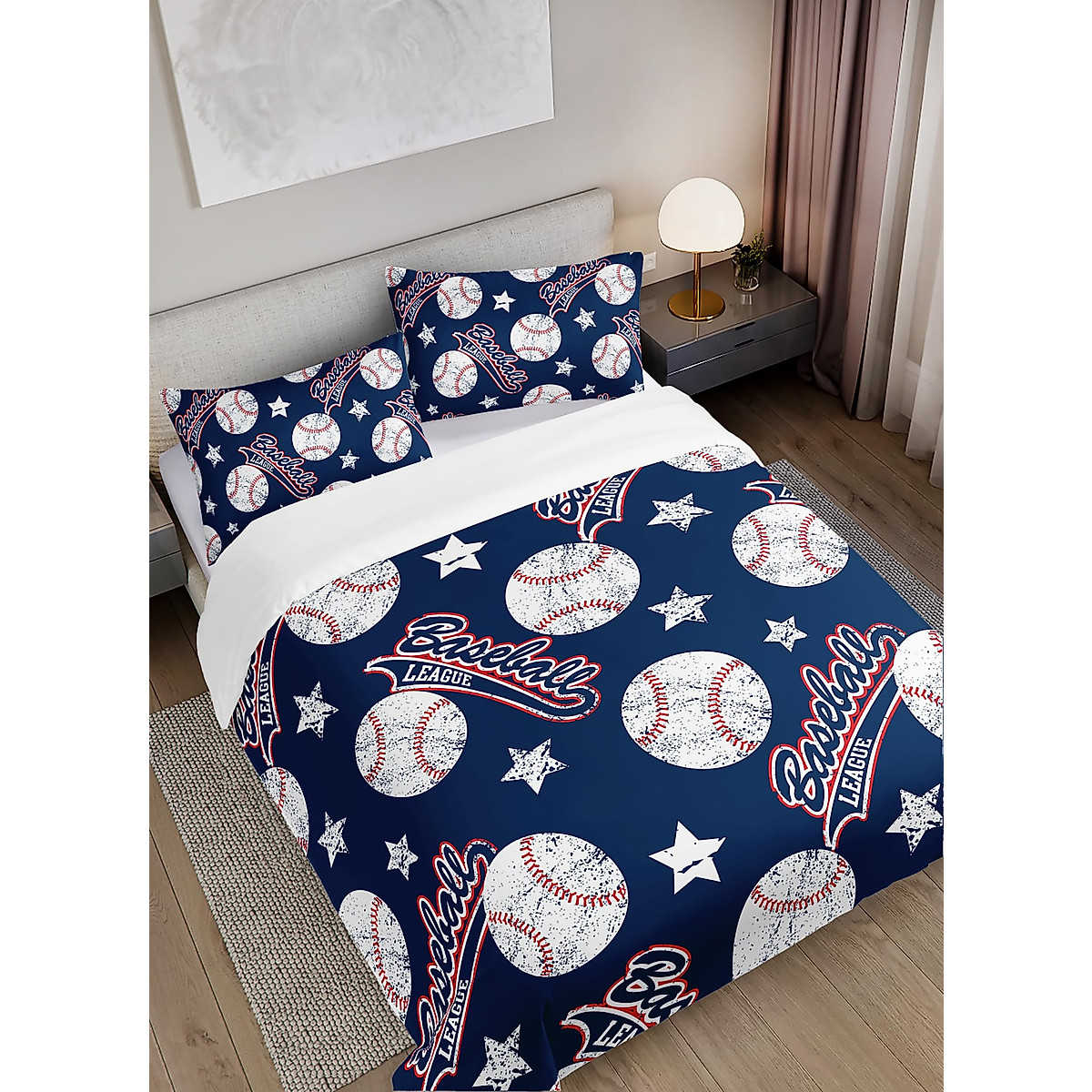 QOOMO Baseball Duvet Cover Set King Size,Sports 3 Piece Bedding Set,0 Comforter Cover with Pillowcases,Ultra Soft,100% Polyester,No Comforter,No Sheets
