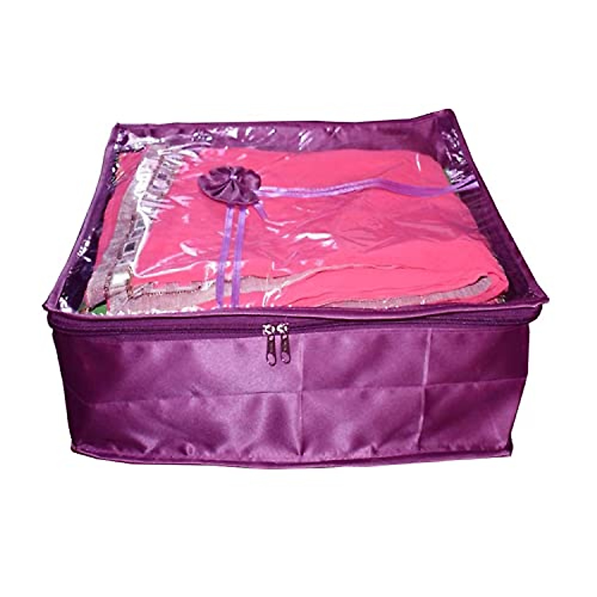 atorakushon 12 Piece Fabric Satin Saree Cover Clothes Storage Bags Set With Transparent Window Extra Large Wardrobe Garments Organizers (Purple)