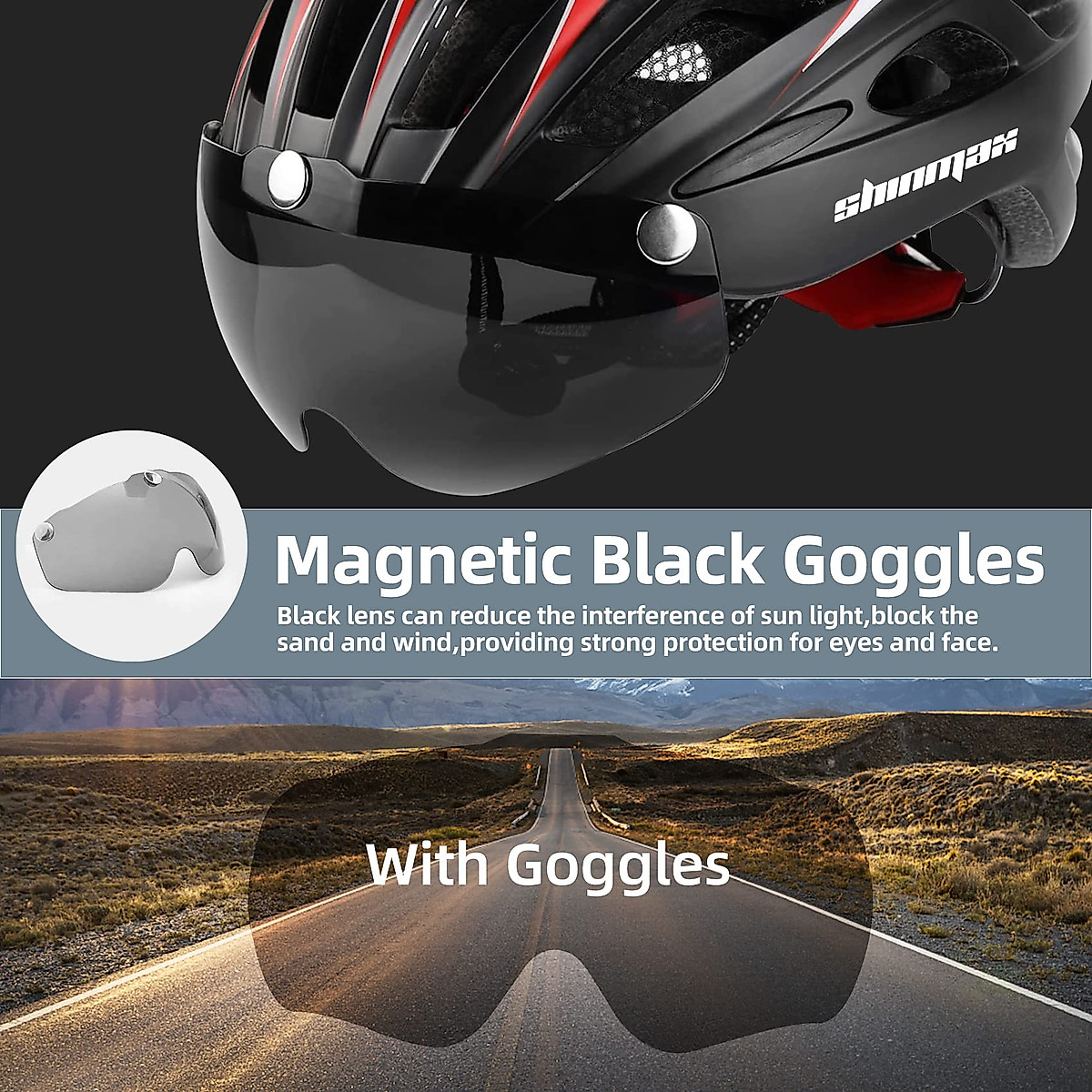 Shinmax Bike Helmet, CPSC/CPC Certificated Bicycle Helmet with Detachable Magnetic Goggles&Led Back Light&Portable Backpack Cycling Helmet Adjustable Mountain Bike Helmet for Adult Men Women SM-T69