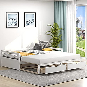 DORTALA Twin to King Daybed with Trundle and 2 Storage Drawers, Modern Extendable Daybed with Pull Out Bed Twin, Dual-use Sofa Bed for Bedroom, Guest Room, Living Room, No Box Spring Required, White