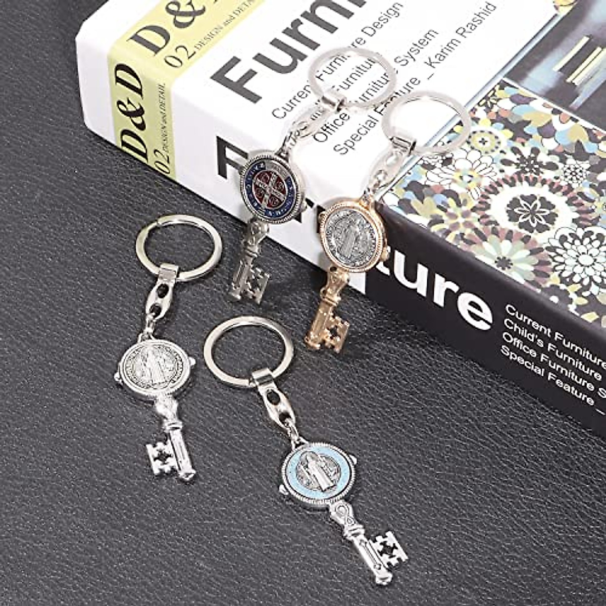 WHLHMK 4Pcs Saint Benedict Medal Keychain, St Benedict Medals Key Chain, Saint Benedict Jubilee Medal, Cross Protection Key Shaped Keychain, Exorcism Medal Christian Sacramental Medal Keyring