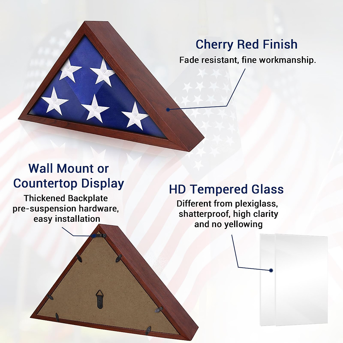 ASmileIndeep Flag Display Case for Small Flag, 3' x 5' American Flag Shadow Box with HD Tempered Glass and Wall Mount (Not for Burial Flag), Triangle Flag Holder Frame for Folded Flag - Cherry Red