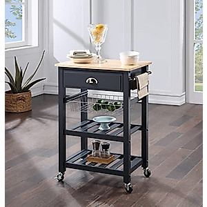 OSP Home Furnishings Hampton Kitchen Cart with Wood Top, Utensil Drawer, Under Cabinet Basket, and 2 Slatted Shelves, Blue Stone Base