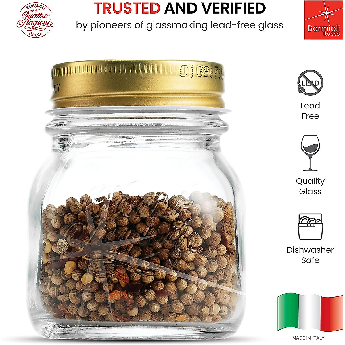 Bormioli Rocco Quattro Stagioni set of 4 Clear Airtight Mason Jars, 5 Oz. Made from BPA Free Durable Glass, Made In Italy.