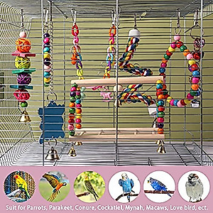 Bird Toys Parrot Swing Toy with Colorful Wooden Beads Bells and Pet Bird Cage Hanging Chew Toys for Small Parakeets Cockatiels, Conures, Macaws, Lovebirds, Finches 8PCS