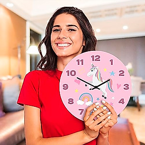 Soul Decor Pink Unicorn and Rainbow Wall Clock, Silent Non-Ticking, Girl/Boy Room Unisex Clock for Children Bedroom Decor, Made in The USA 12 Inch Round