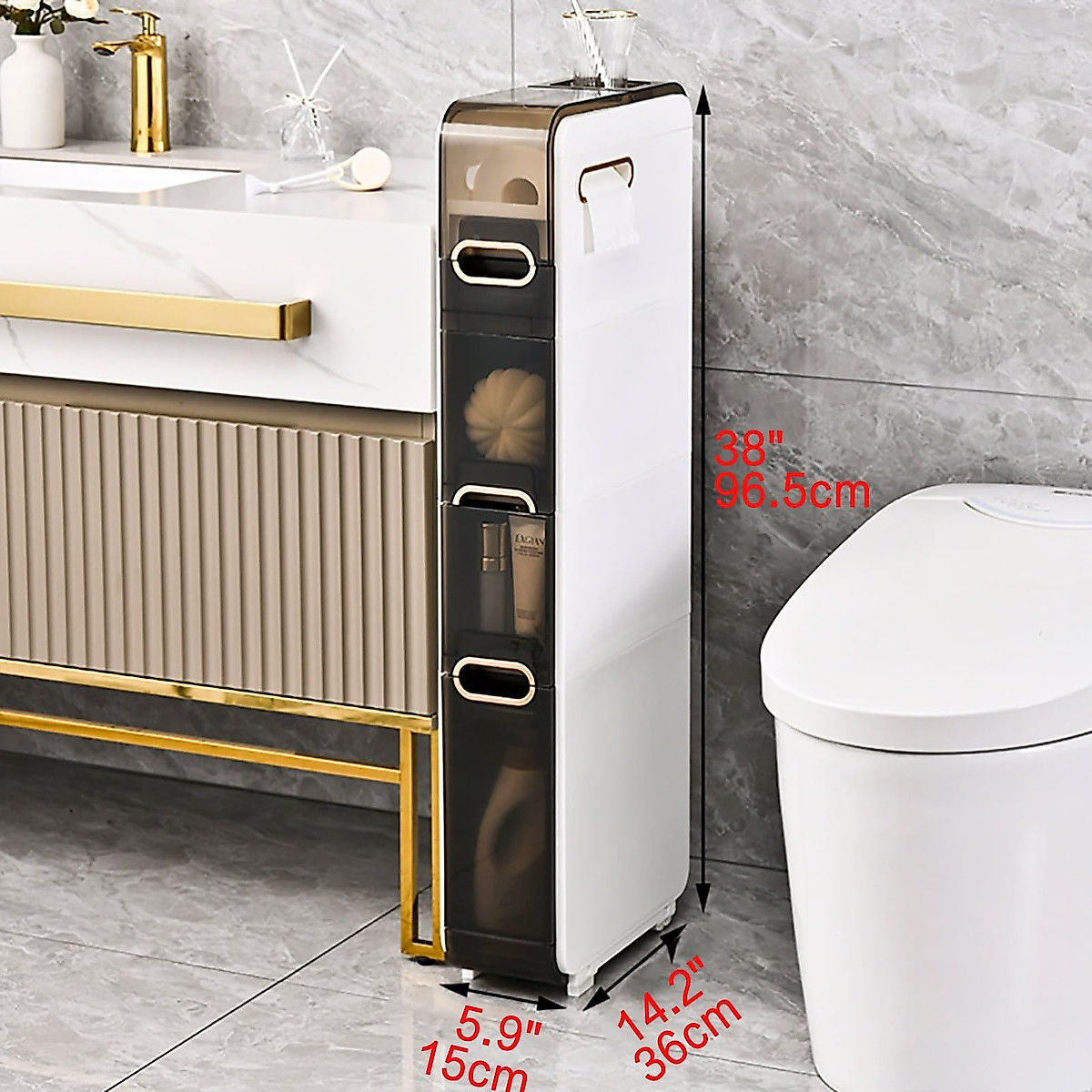 Bathroom Floor Storage Cabinet Narrow Organizer with Casters and Rubbish Bin - Slim Tower Side Corner Unit for Tiny Kitchen Laundry Living Room Toilet Gap Vertical Store Cart