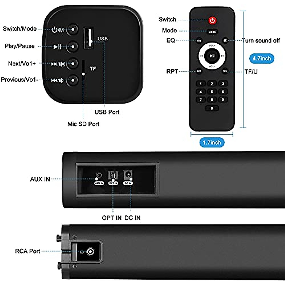 keatalker Sound Bar Portable Soundbar for Home Theater Wireless Speakers 3D Surround Sound with Built-in Subwoofers for TV PC Phones Tablets with Remote Control(37")
