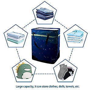 Lighthouse and Stars Blue Laundry Basket Large Cloth Organizer Bag Basket Foldable Laundry Hamper with Handles