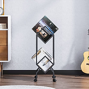Giikin 2-Tier Vinyl Record Storage Holder, Holds up to 160-200 LPs, Mobile Metal and Wooden Vinyl Record Organizer Stand with Casters, Storage, Protects Vinyl - Organize Albums - Book, Magazine, Files