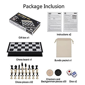 KAILE 10" Magnetic Chess Sets - 3 in 1 Travel Chess Checkers Backgammon Set with Folding Case - Portable Elastic Bag…, 2 players