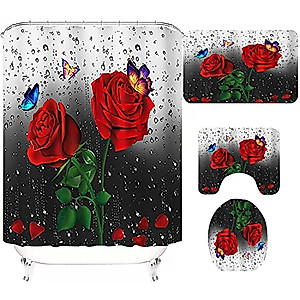 Red Rose Shower Curtain Sets with Non-Slip Rugs,Toilet Lid Cover and Bath Mats Rose Bathroom Sets with Rugs and Accessories Flower Shower Curtain for Bathroom Floral Bathroom Curtain Sets1-1
