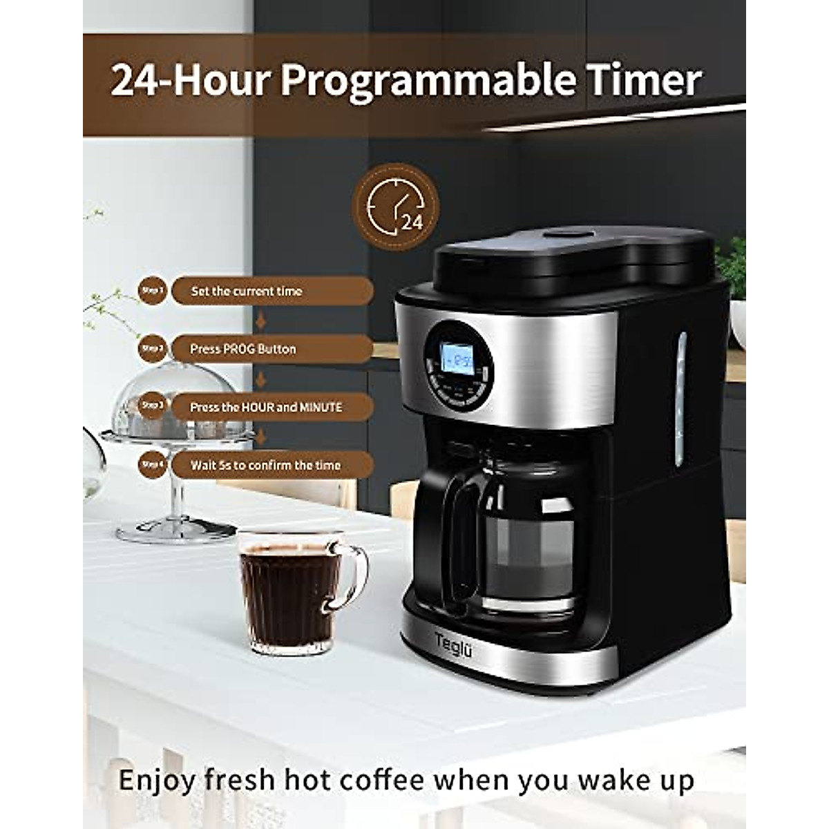 Teglu Coffee Maker with Grinder 12-Cup, Grind and Brew Coffee Machine Programmable with Warming Plate, Automatic Drip Coffee Pot with 60 oz BPA Free Glass Carafe, Black, 950W
