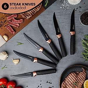 nuovva Professional Kitchen Knife Set with Block - Copper 17 Piece Knives Set With Steak Knives - Clear Acrylic Block High Carbon Stainless Steel Blades - With Knife Sharpener Peeler and Scissors