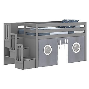 JACKPOT! Contemporary Low Loft Twin Bed with a 3 Drawer Stairway, Gray with Gray & White Tent