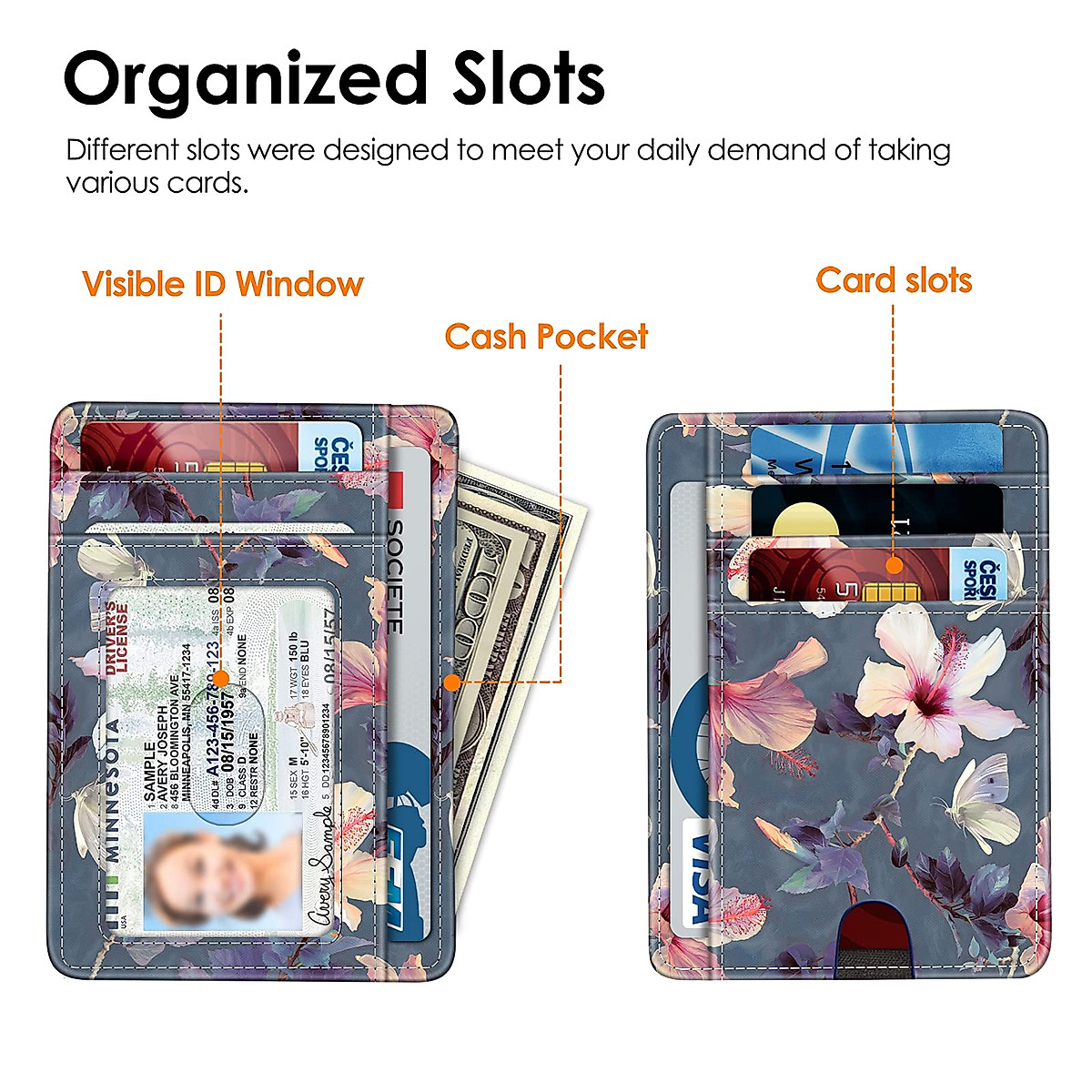 Fintie Slim Minimalist Front Pocket Wallet, RFID Blocking Credit Card Holder Card Cases with ID Window for Men Women (Blooming Hibiscus)