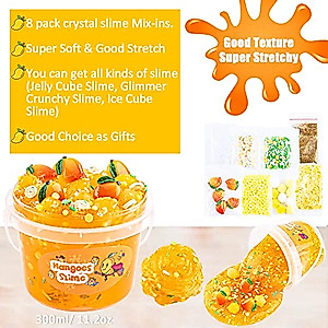 Crystal Slime, Orange Mango Clear Jelly Cube Glimmer Crunchy Slime with 8 Add-ins, Idea Stress Relief Toy, Kids Party Favor, Birthday Easter Christmas New Year Gift for Girls & Boys Age 6 7 8 9 10+