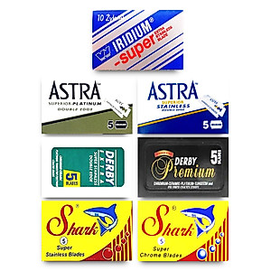 Astra-Derby-Wizamet- Shark 40 Quality Double Edge Razor Blades Sampler (7 different brands)