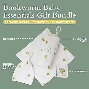 Bookworm Baby Essentials Gift Bundle | Basil The Bookworm Teether and Swaddle Blanket & Beanie Set | Premium 3-in-1 Set for Baby Showers & Newborns