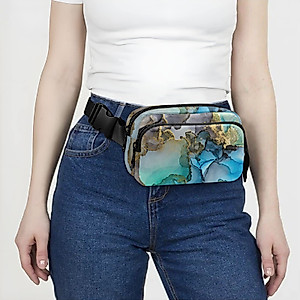 Mixed Blue, Grey, Golden Alcohol Ink Abstract Marble Texture Adjustable Belt Running Bag, Crossbody Fanny Pack Waist Runners Bag Tote for Women Men Sports Hiking Fitness Exercise Gym Pouch