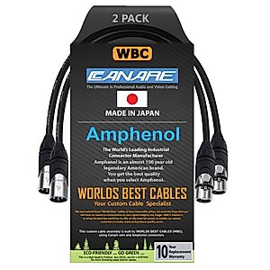 WORLDS BEST CABLES 2 Units - 1 Foot - Canare L-4E6S, Star Quad Balanced Male to Female Microphone Cables with Amphenol AX3M & AX3F Silver XLR Connectors - Custom Made