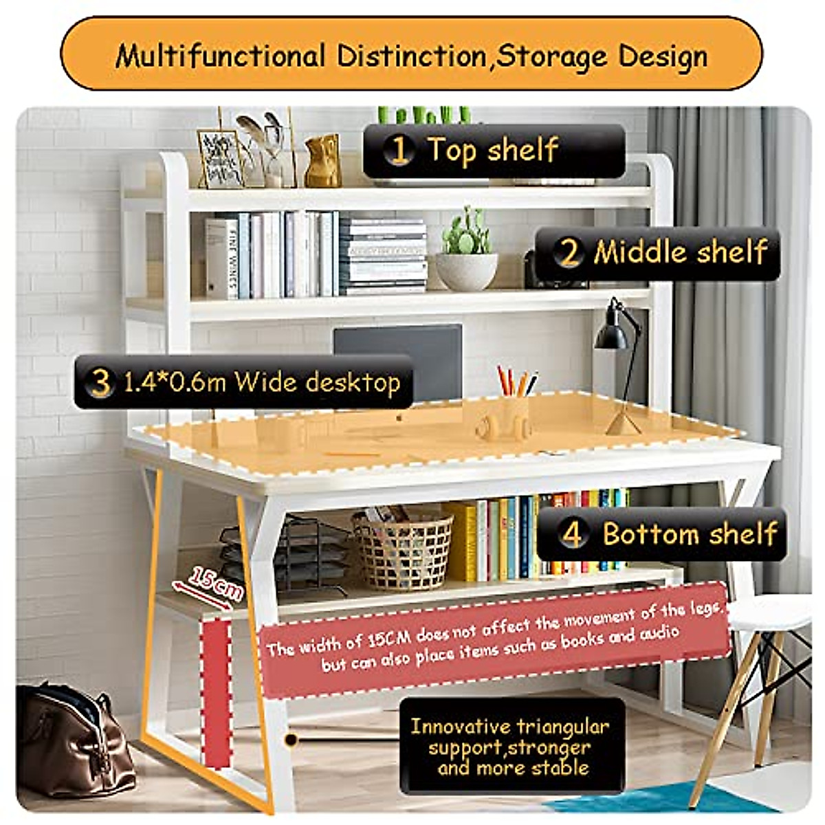 QQXX Computer Desk with Hutch and Bookshelf,47 inch Large PC Table with Metal Legs,Home Office Table Desk with Storage Shelves,Study Writing Workstation,Easy Assemble,White,31x20x29inch