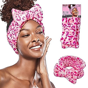 Red by Kiss Spa Headband for Washing Face Facial Makeup Bow Head Band Soft Plush Fleece Stretchy Head Wraps for Women Shower Bath Washing Face Mask (PINK LEOPARD)