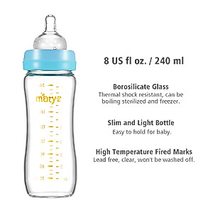 Matyz Glass Breastmilk Baby Feeding Bottle with Nipple, 2 Pack, 8 oz Slim and Light Bottle Easy to Hold, Food Grade Borosilicate Glass, Wide Neck Easy to Clean, BPA Free (Blue Lids)