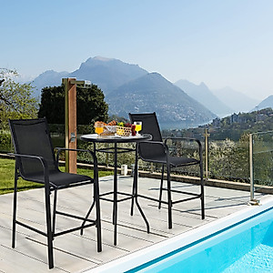 Tangkula 3 Pieces Outdoor Patio Bar Set, Outdoor Bistro Set with 2 Bar Stools and 1 Tempered Glass Bar Table, Bar Height Patio Table and Stools Set for Backyard, Garden, Lawn (Black)