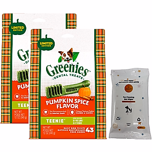 Aurora Pet Bundle (2) Greenies Pumpkin Spice Flavor Teenie Size Dog Dental Treats (12-oz Bags) with AuroraPet Wipes