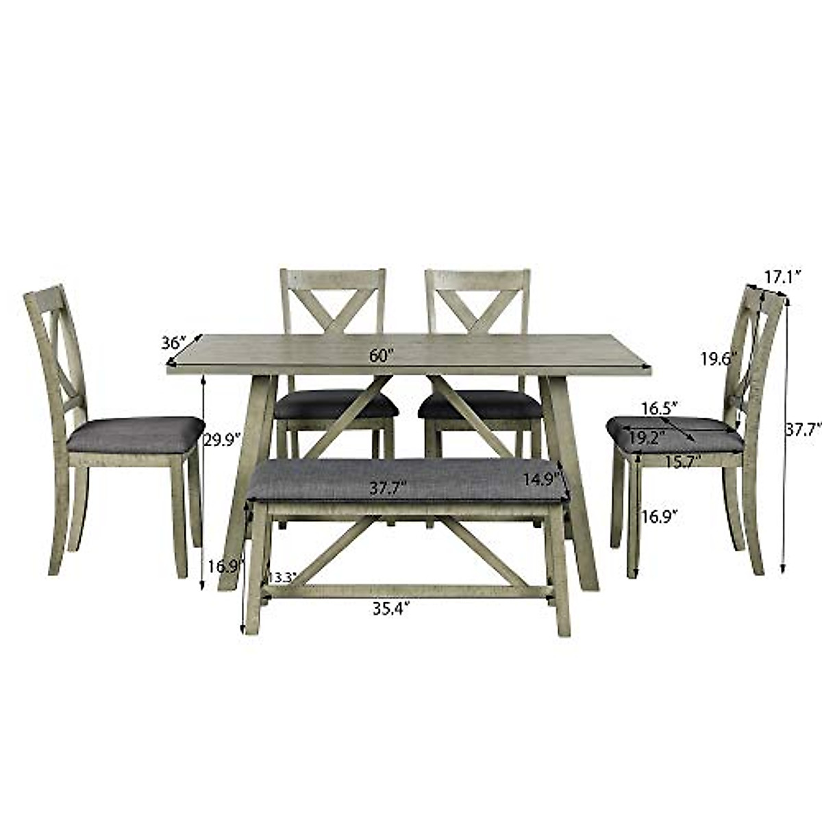 Knocbel Wood Dining Table Sets for 6, Kitchen Dining Room Set Include 1 Table, 1 Padded Bench & 4 Padded Chairs (Gray) (Gray with Wood)