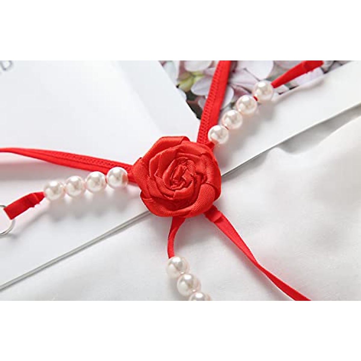 Sekexi Women's Pearl T Back G String Embroidery Rose Flowers Beaded Thong Panty Underwear Sexy Micro Underpant (one size, red)