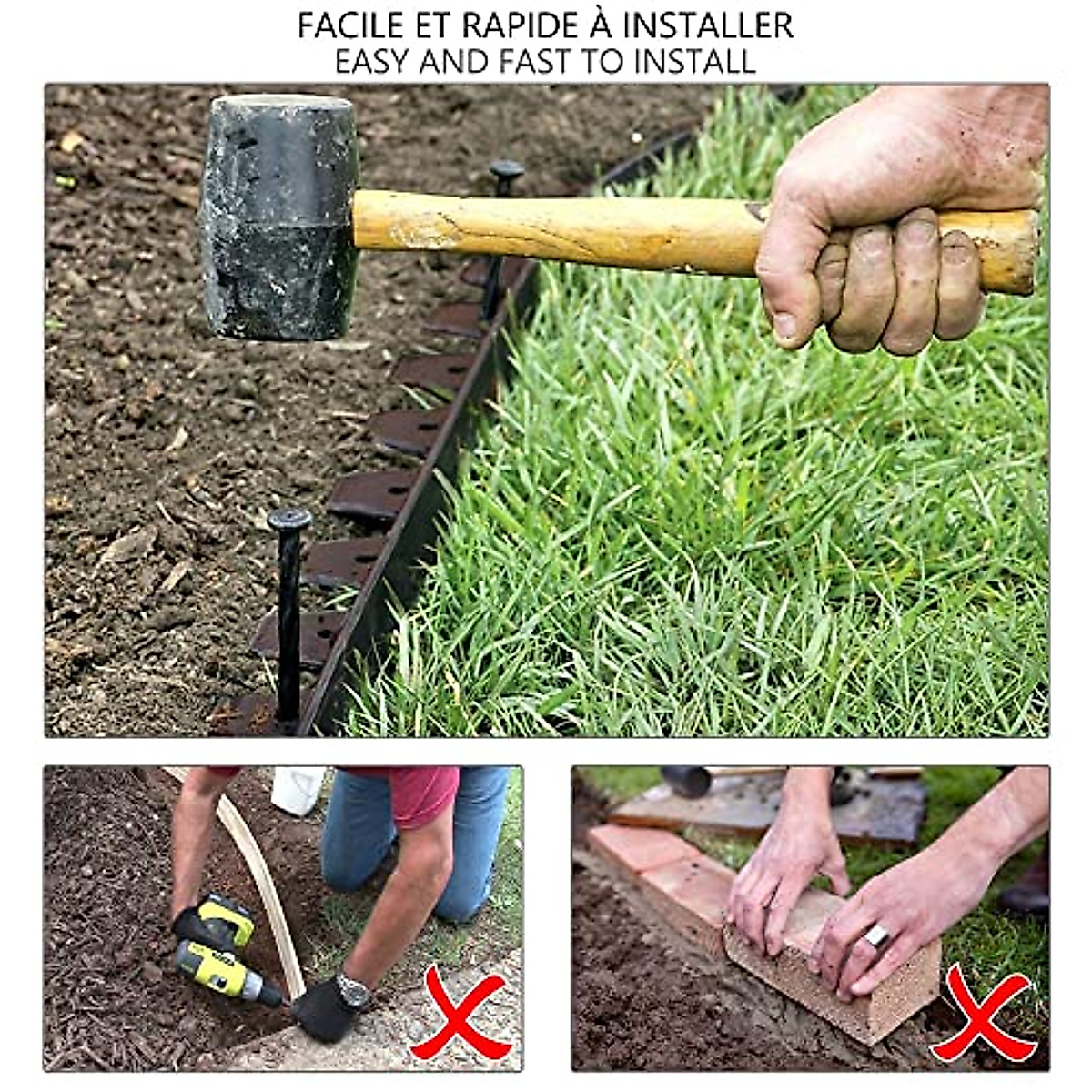 VOUNOT Landscape Edging No-Dig with 30 Anchoring Stakes 33 Feet Plastic Edging Border Flexible for Lawn, Yard, Garden 2 Inch Tall Brown
