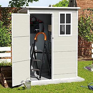 VONZOY Outdoor Storage Shed, 5x3FT Resin Shed with Floor, Lockable Door & Window, Waterproof Tool Sheds & Outdoor Storage for Bike, Garbage Cans,Garden Accessories, Sandstone