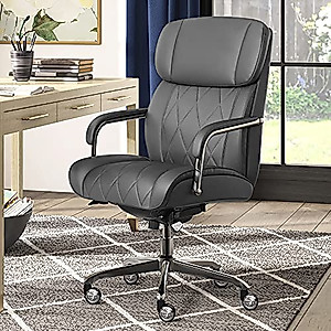 La-Z-Boy Sutherland Quilted Leather Executive Office Chair with Padded Arms, High Back Ergonomic Desk Chair with Lumbar Support, Grey Bonded Leather
