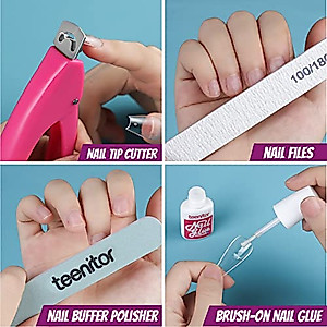 Acrylic Fake Nails Kit, Teenitor Press On Nail Supplies with Clear Coffin Nail Tips Nail Stand Nail Art Brushes Dotting Pen Glitter Sequins Stickers Rhinestones Nail Decorations Nail Starter Kit