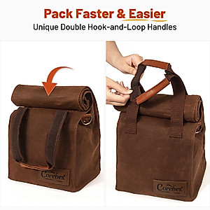 Corebes Insulated Lunch Bag for Men/Women, 11L Waxed Canvas Lunch Box with Adjustable Shoulder Strap & Double Hook-and-Loop Handles for Work Picnic Hiking Brown