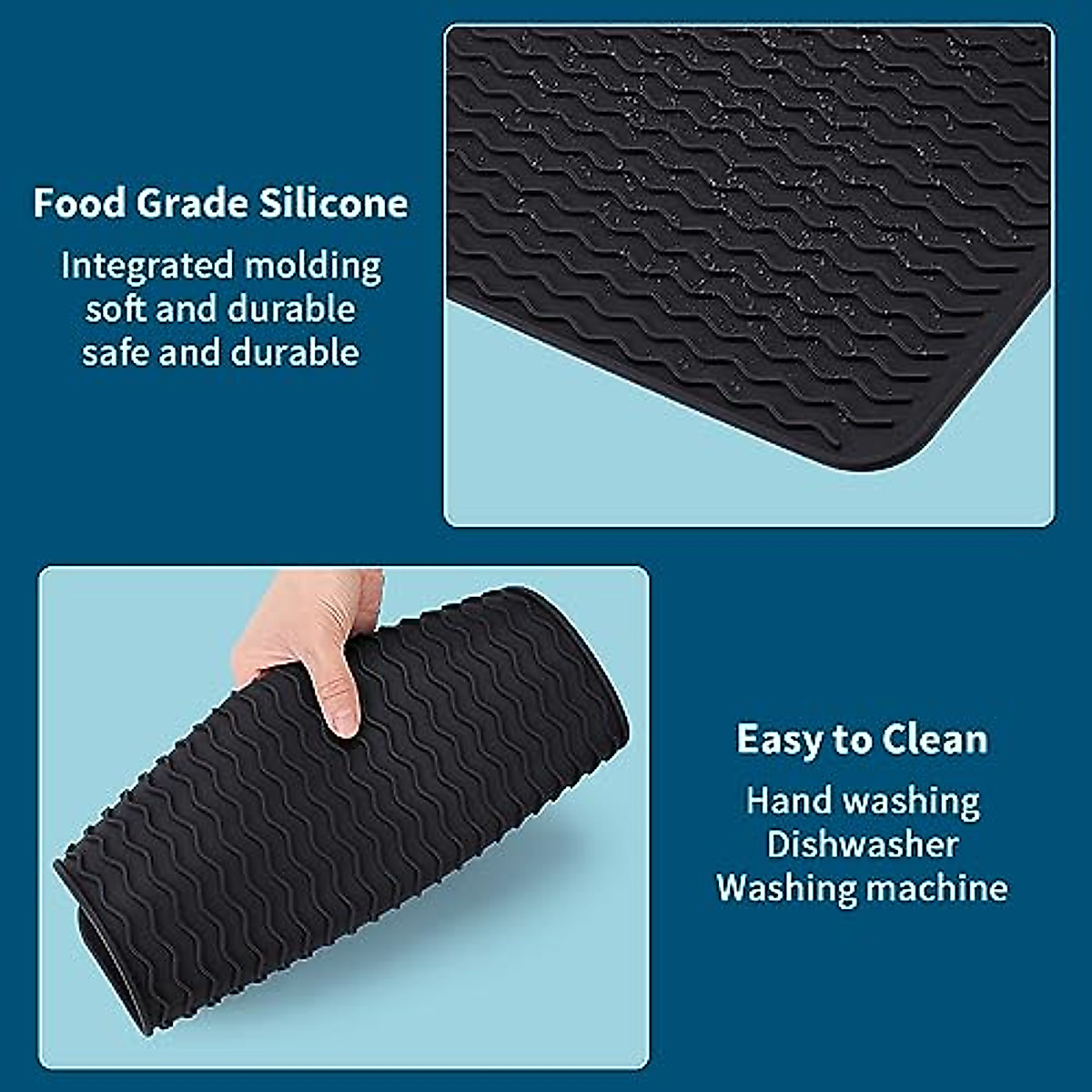 Hescred Silicone Dish Drying Mat, Eco-friendly, Easy Clean, Heat-resistant, Easy Storage, Reusable Silicone Dish Mat for Kitchen Counter with a Rack, Dish Washer Safe, Medium (16" x 12") Black