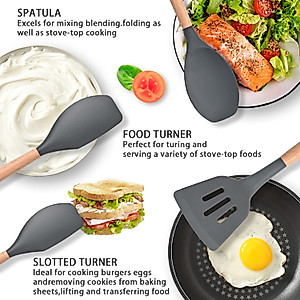 ICVKRJ 12 Pcs Silicone Cooking Utensils Kitchen Utensil Set - 446°F Heat Resistant,Turner Tongs, Spatula, Spoon, Brush, Whisk, Wooden Handle Gray Kitchen Gadgets with Holder for Nonstick Cookware