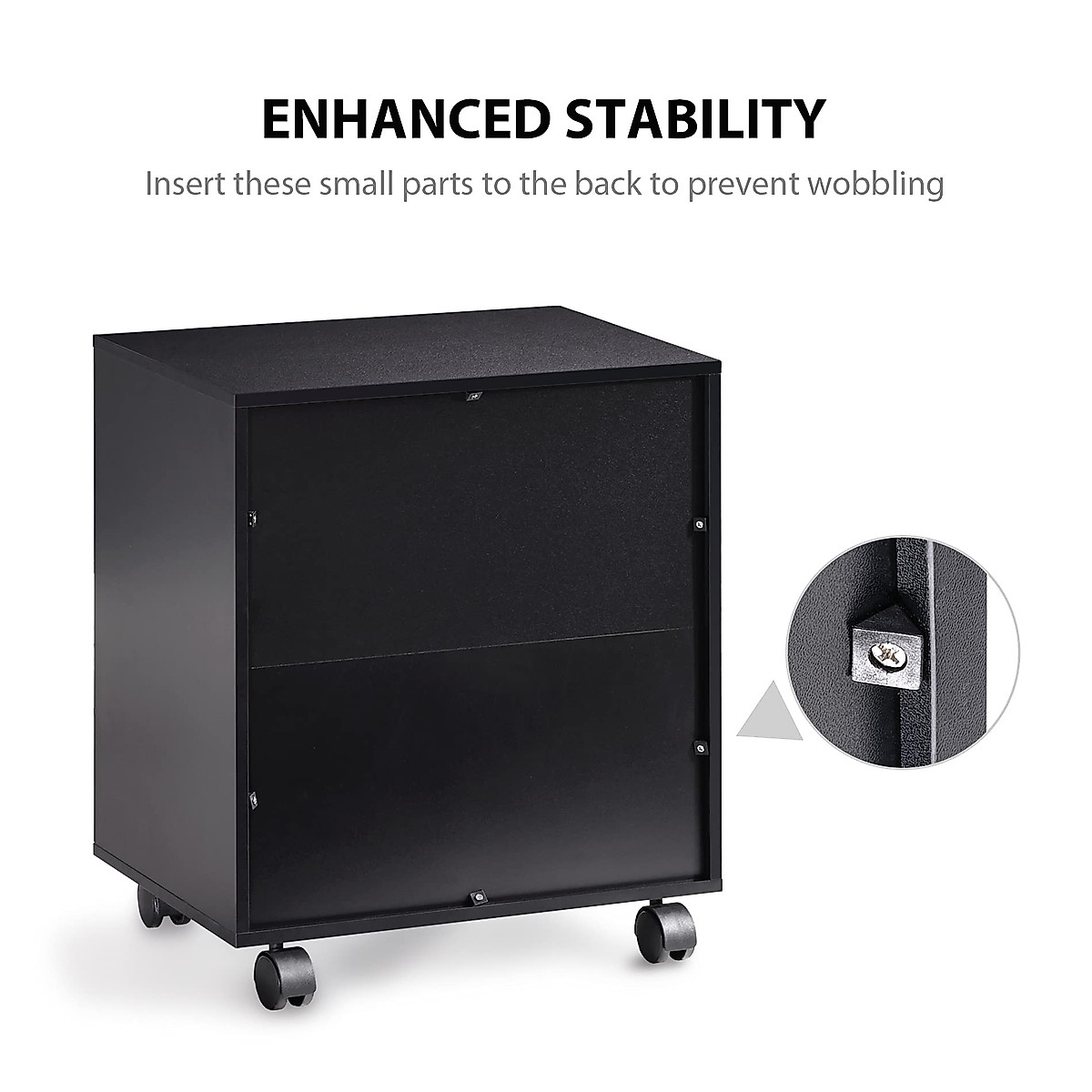 FITUEYES Printer Stand with Adjustable Storage Shelves, Mobile Black Wood Work Cart on Wheels, Rolling File Cabinet with Door for Home Office, PS404801WB