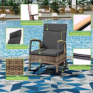 BALDPER 3-Pieces Outdoor Recliner Chair Set, Rattan Wicker Rocking Chair with Adjustable Backrest, Cushions, and C Shaped End Table for Patio Home Backyard Garden, Grey