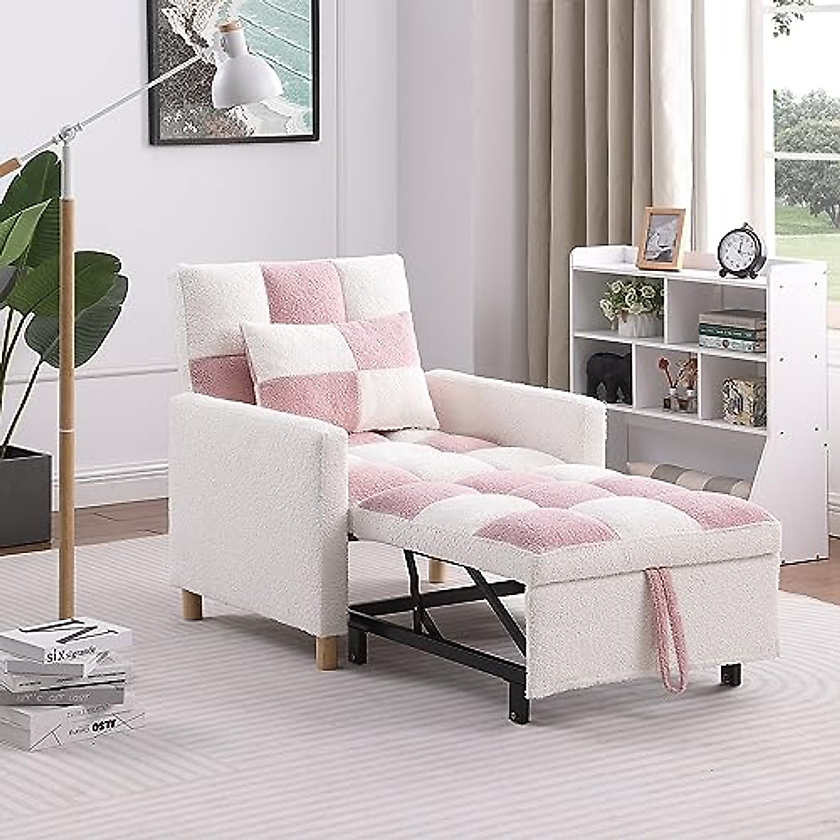 VKKILPEE Pink Convertible Sleeper Sofa Chair Bed 3-in-1 Single Bed with Pillow, Multi-Functional Adjustable Futon Couch Sleeper with Soft Teddy Fabric for Living Room Dorm Apartment Bedroom Office