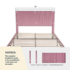 Allewie Queen Bed Frame/Velvet Upholstered Bed Frame with Vertical Channel Tufted Headboard/Strong Wooden Slats/Platform Bed Frame/Mattress Foundation/Box Spring Optional/Easy Assembly/Pink