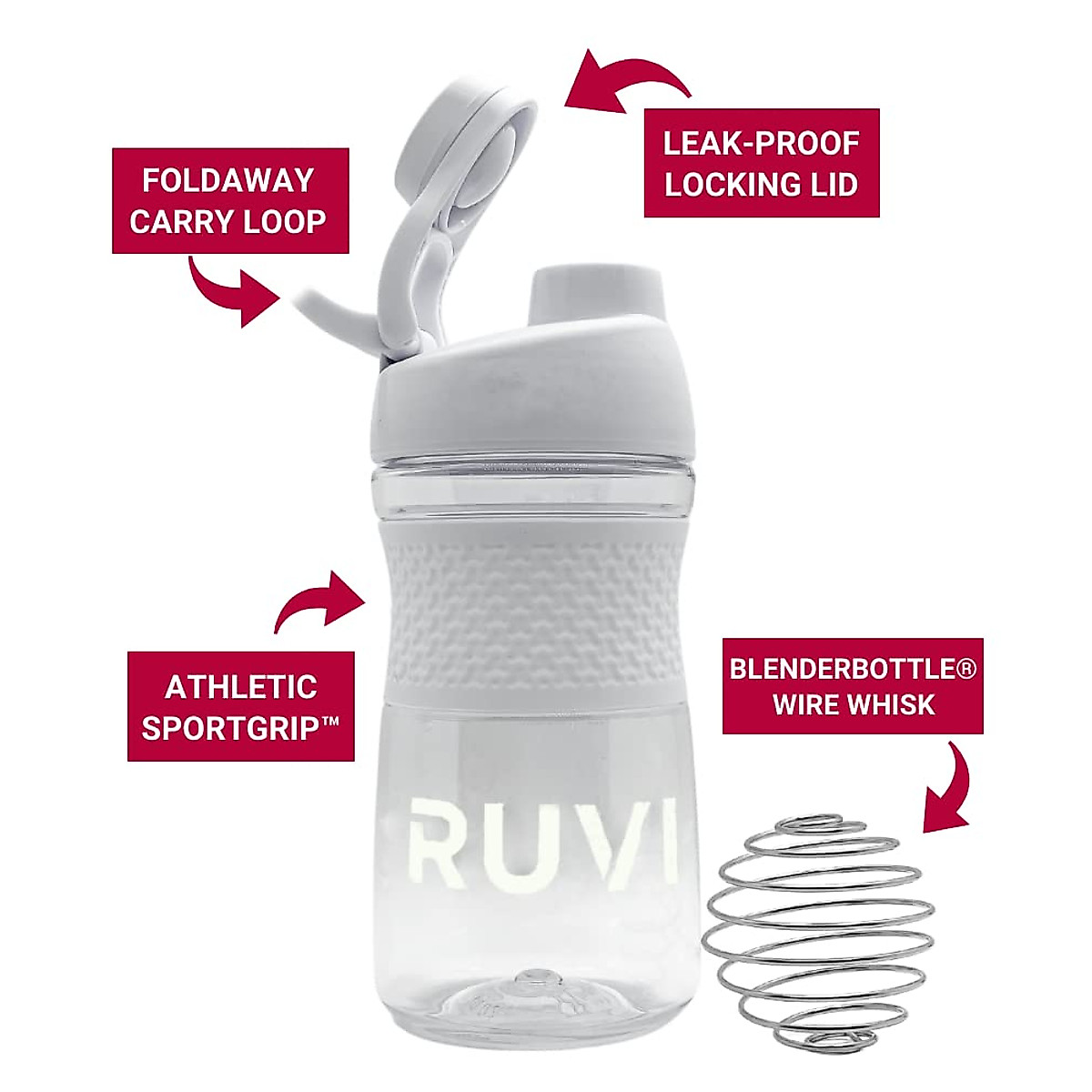 RUVI Shaker Bottle Sport Mixer | Perfect for Blended Smoothies, Protein Powder Shakes & Mixes | Workout Container with Athletic SportGrip™ | No-Spill, Twistable Cap | 20 oz, Clear