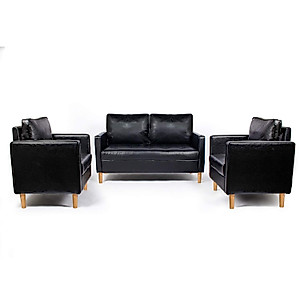 VAMEPOLE Black Leather Sectional Sofa Couch 3 Pieces, Loveseat and Accent Chair Stitching Tufted Cushion Suitable for Small Space, Office, Meeting Room, Living Room Furniture Sets