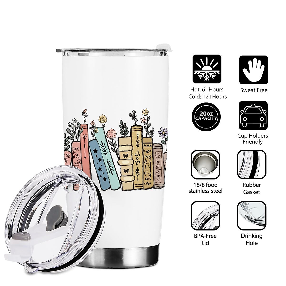 Book Lovers Gifts Stainless Steel Tumbler, Book Club Gifts Bookish Gifts Coffee Mug with Lid, 20 oz Thermal Cup Insulated Water Glasses, Book Accessories Librarian Gifts for Women Girls Teacher Friend