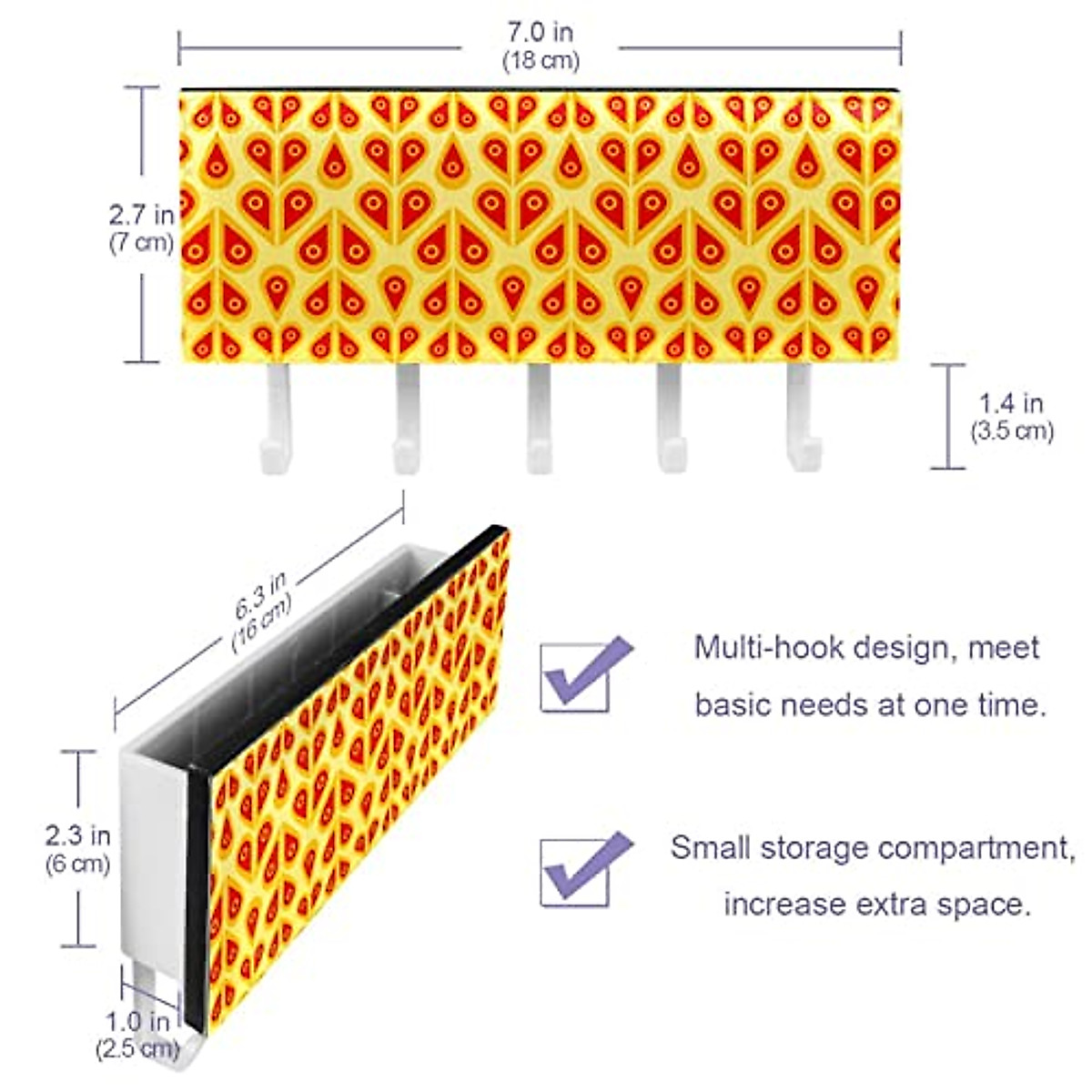 Peacock Tail Symbol Pattern Rack Organizer with 5 Hooks Wall Bathroom Kitchen Shelf Rack Multifunctional Storage Shelf