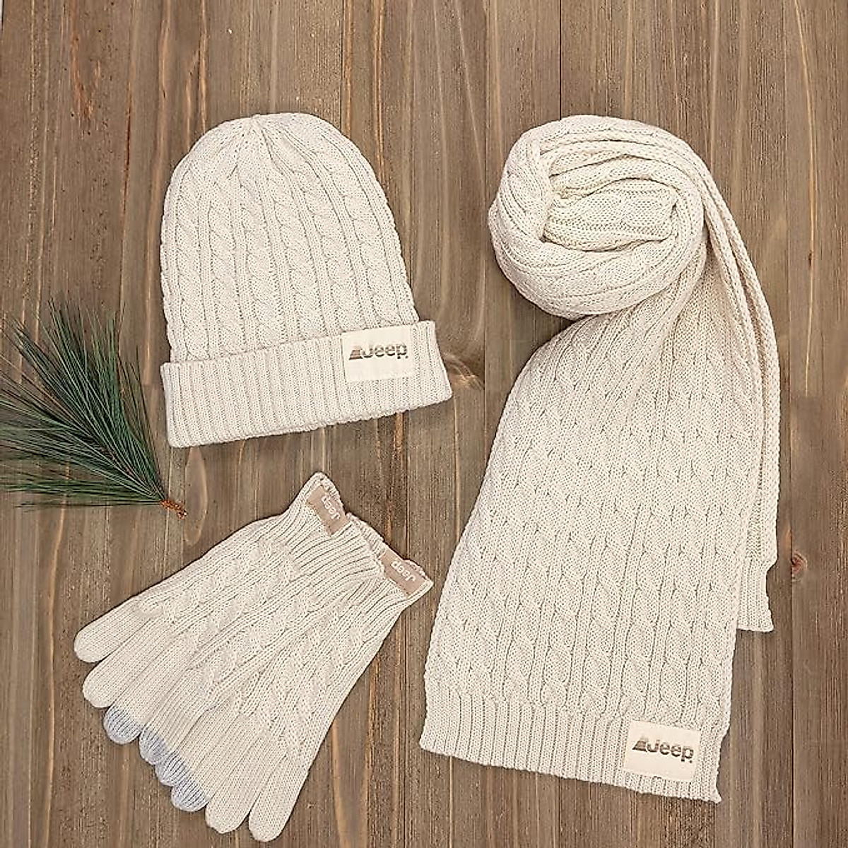 Jeep Men's and Women's 3 Piece Cable Knit Scarf, Beanie, and Gloves Set-Unisex One Size Fits Most, Black