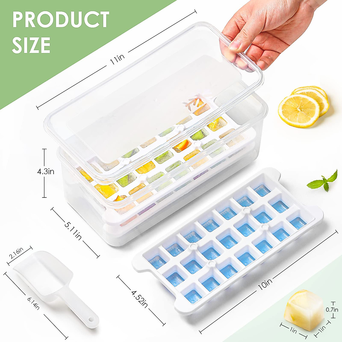 Ice Cube Tray with Lid and Bin - Jadkysarh Small Nugget Ice Cube Trays for Freezer Easy Release Silicone Ice Cube Molds for Chilling Whiskey Cocktail Coffee Fruit Seafood 3 Trays with Ice Scoop